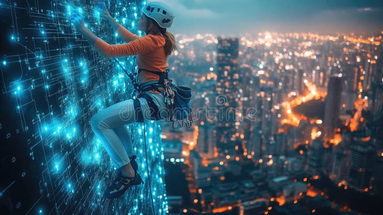 A Woman Climbs a Digital Wall, Representing the Challenges of Navigating Technology Stock ...