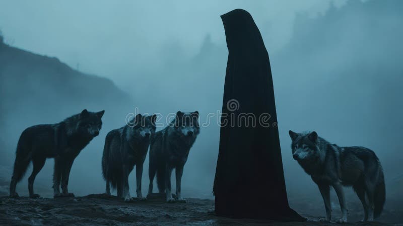 Woman Cloaked in Darkness with Wolves Standing at Her Side Stock ...