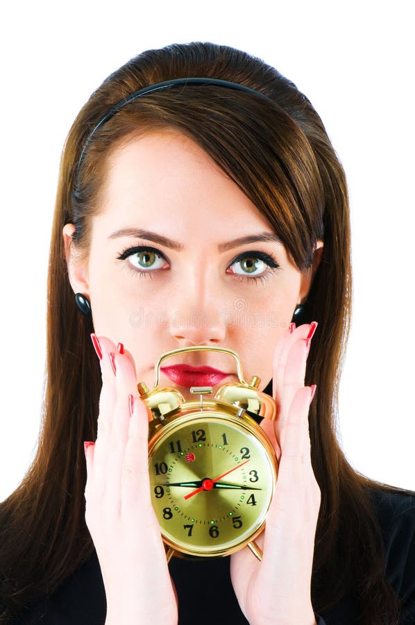 Woman with clock isolated stock image. Image of face - 12676561