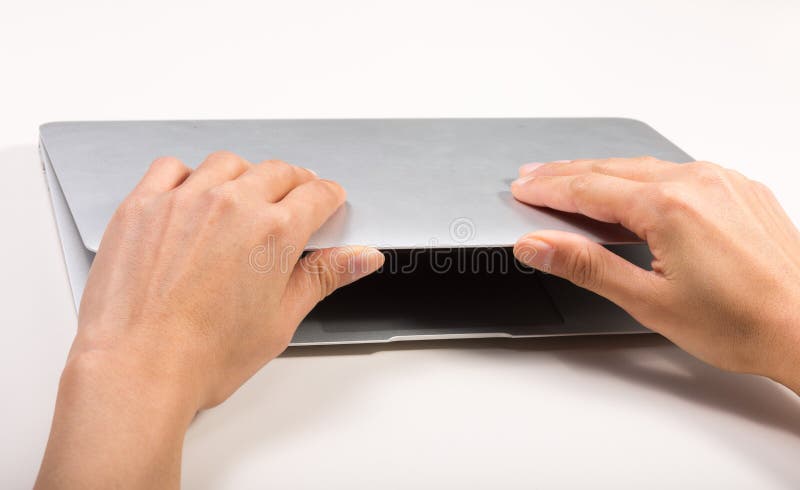 Woman Closing/opening Her Laptop Stock Photo - Image of shutting ...