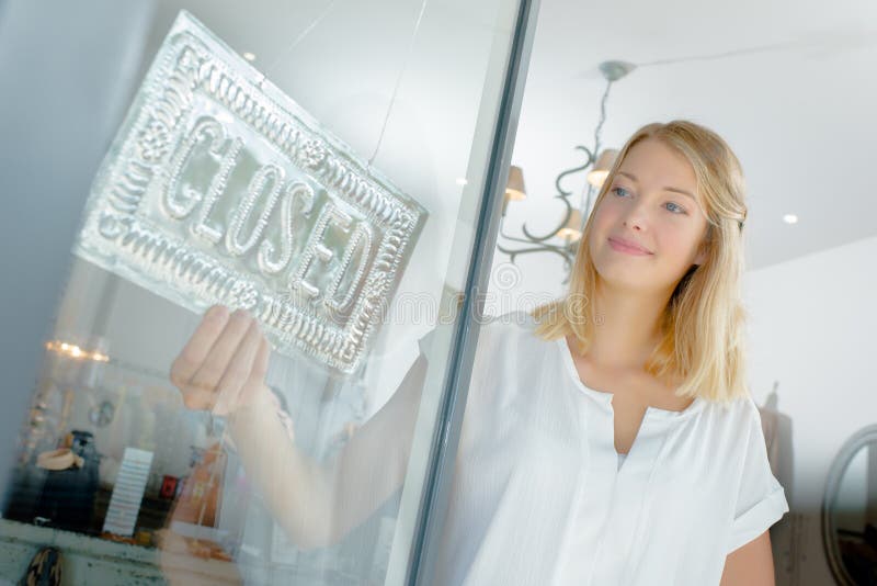 Woman closing shop stock photo. Image of holiday, work - 164154558
