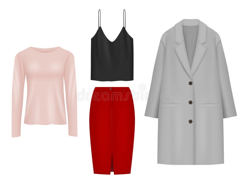 Woman Clothes Collection. Various Female Clothing. Realistic Vector ...