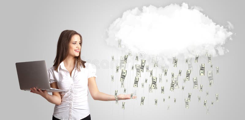 Woman with Cloud and Money Rain Concept Stock Illustration ...