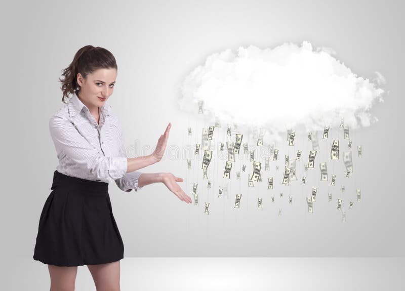 Woman with Cloud and Money Rain Concept Stock Image - Image of lucky ...