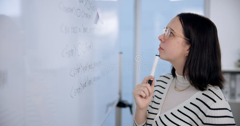Woman, Code and Thinking with Whiteboard in Office for Review, System ...