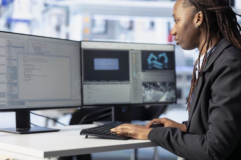 Woman Coding at Computer Desk in Solar Panels Manufacturing Plant Stock ...