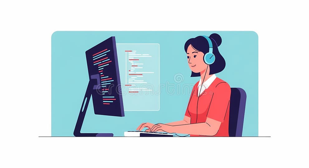 Woman Coding at Computer stock illustration. Illustration of vector ...