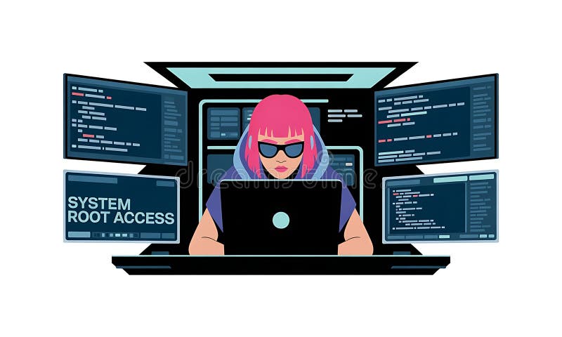 Woman Coding at Computer with Multiple Screens Displaying Program Code Stock Illustration ...