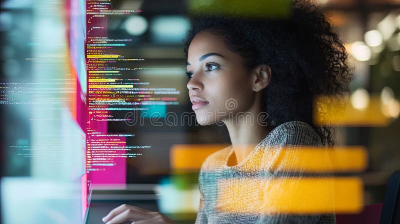 Woman Coding with Focus on User Interface Design and Programming Stock ...