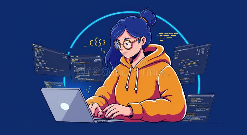 Woman Coder at Night stock illustration. Illustration of focused ...