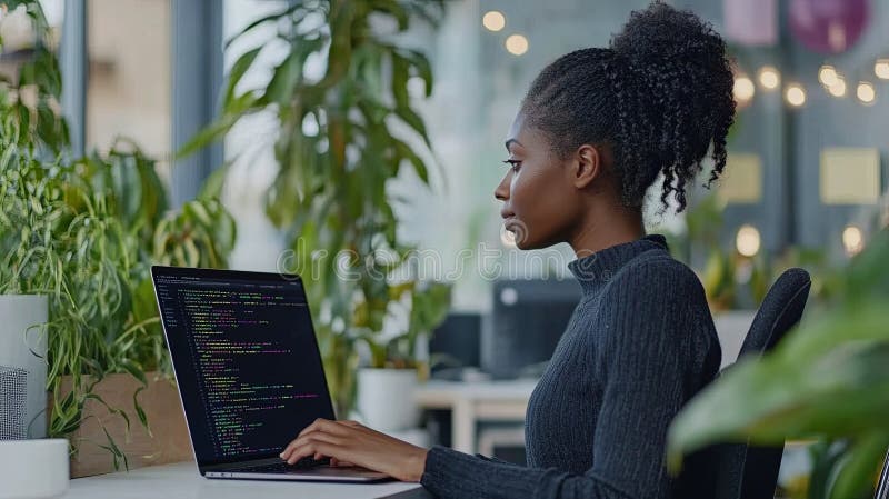 Woman Coding on Laptop in Modern Office Filled with Plants Stock Image ...