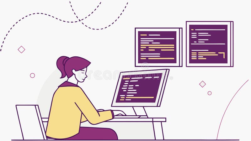 Woman Coding on Multiple Monitors, Software Development, Vector Design Generative AI Stock ...