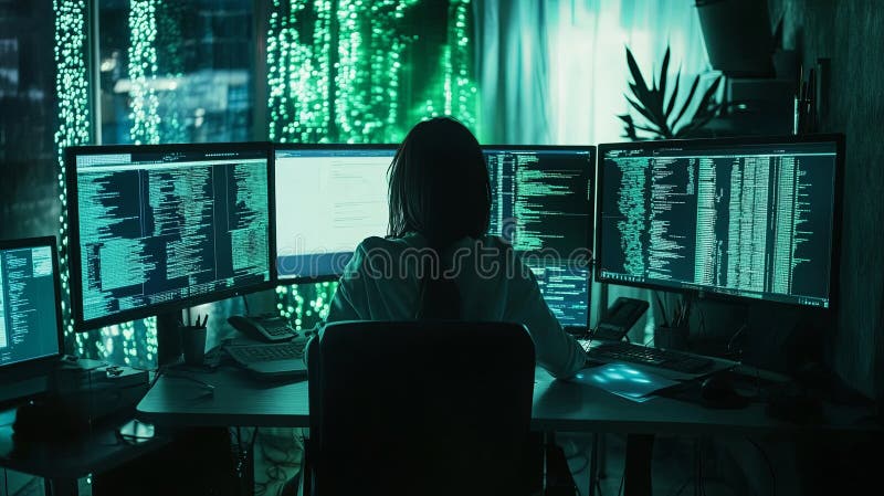 Woman Coding with Multiple Screens Focused on Cybersecurity Tasks Stock ...