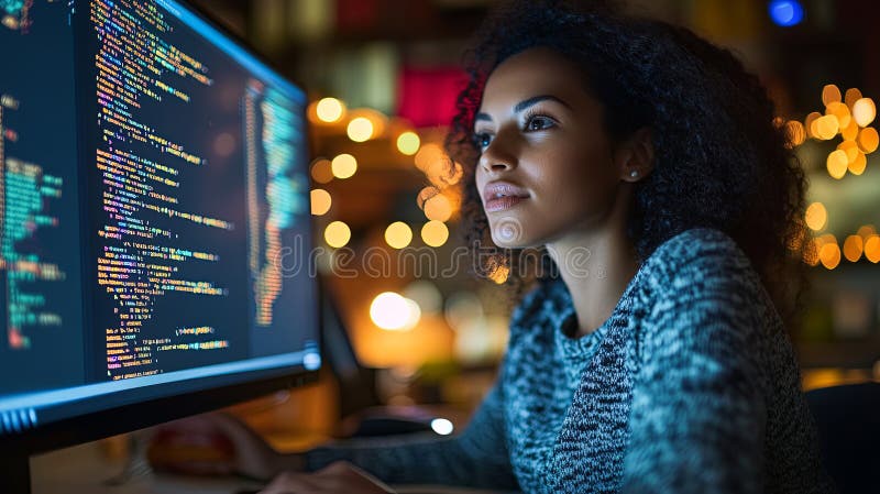 Woman Coding at Night, Illuminated by Computer Screen Glow Stock Photo ...