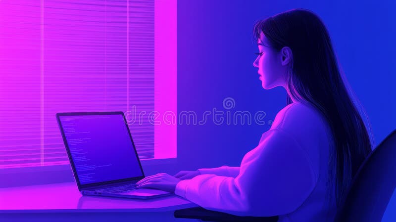 Woman Coding at Night Night Work Digital Coding Futuristic Tech Neon ...