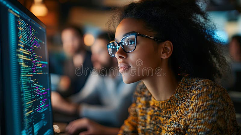 Woman Coding Solutions with Team, Focused on Her Screen Stock Image ...