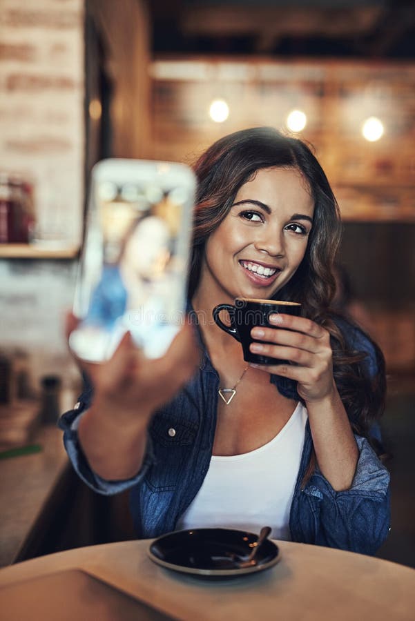 Woman Coffee And Selfie Smile In Cafe For Social Media Post