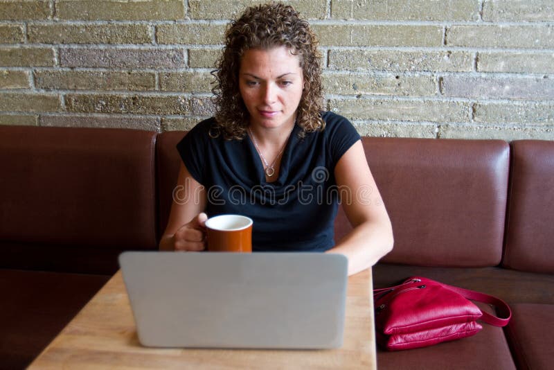 Woman at Coffee Shop with Computer Stock Photo - Image of coffee, years ...