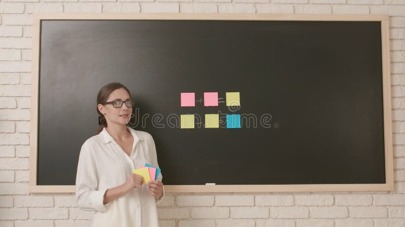 Woman College Teacher Standing in Classroom in Front of Chalkboard ...