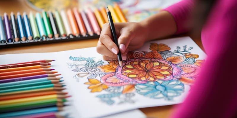 A Woman Coloring a Coloring Page with Colored Pencils Stock ...