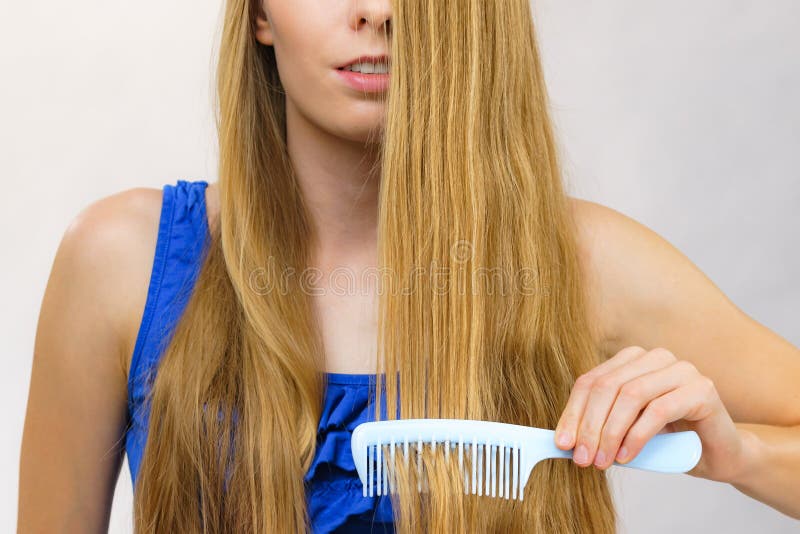 Woman Combing Long Healthy Blonde Hair Stock Image - Image of comb ...