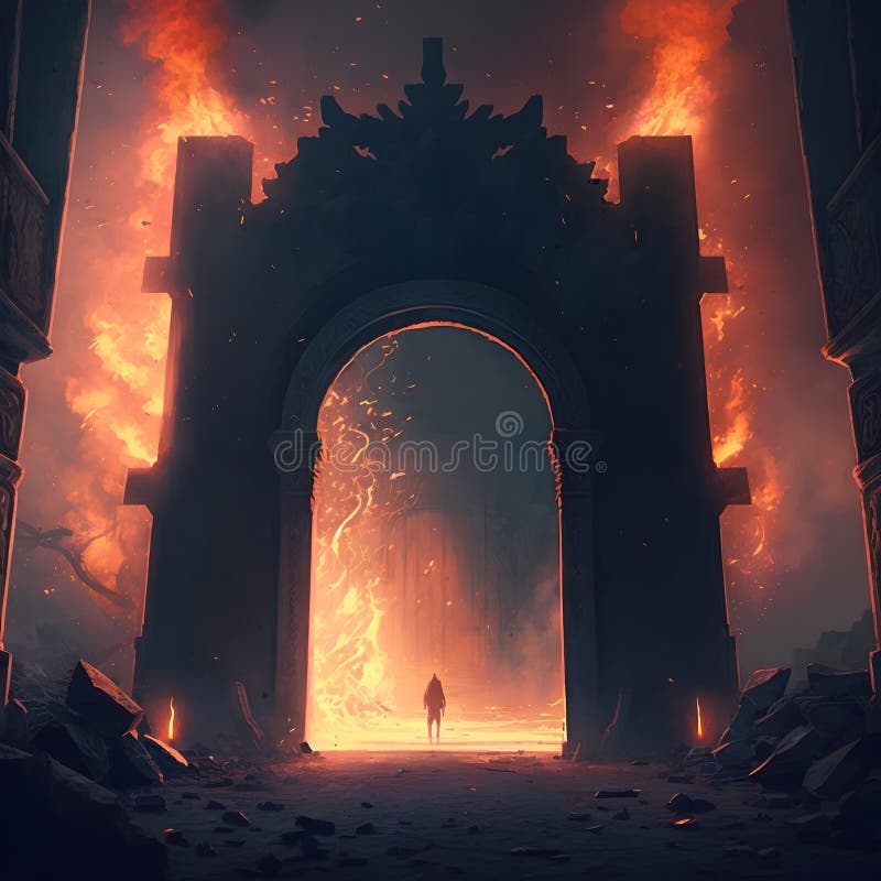 Woman Coming Out of a Gate in Hell. 3D Rendering Stock Illustration ...