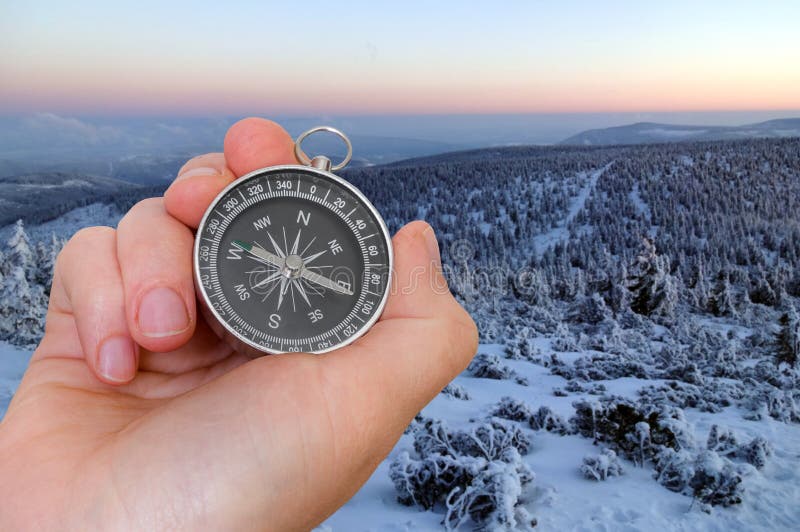 Woman with Compass is Seeking a Right Way in Mountains Stock Image ...