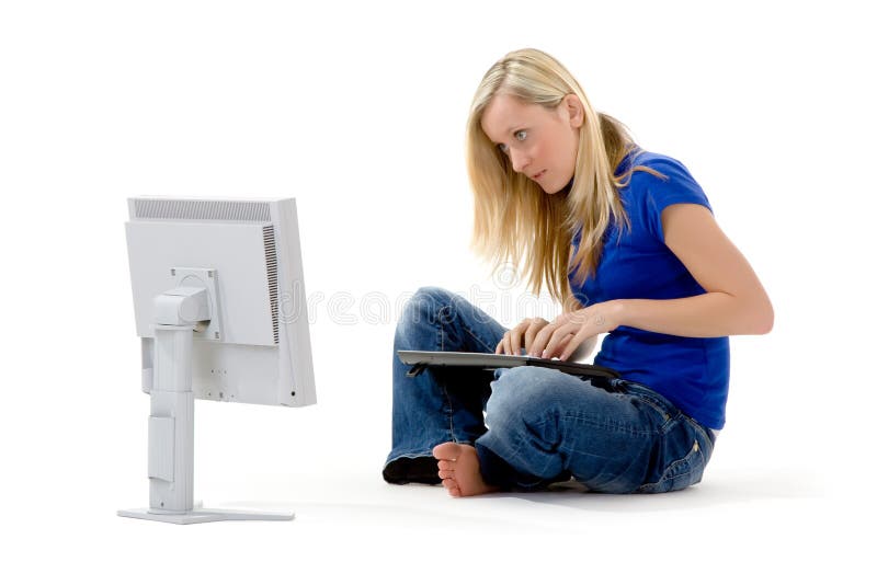 Woman and computer stock image. Image of floor, keyboard - 12711893