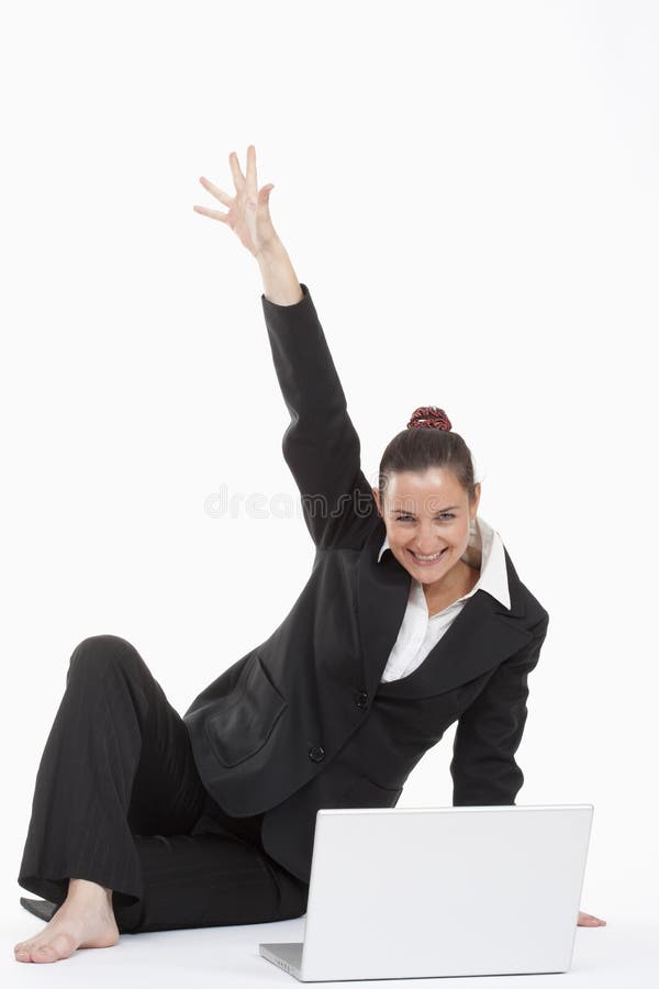 Woman with Computer Cheering Stock Image - Image of female, happiness ...