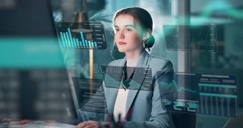 Woman, Computer or Hologram of Dashboard for Trading, Data Analysis or ...