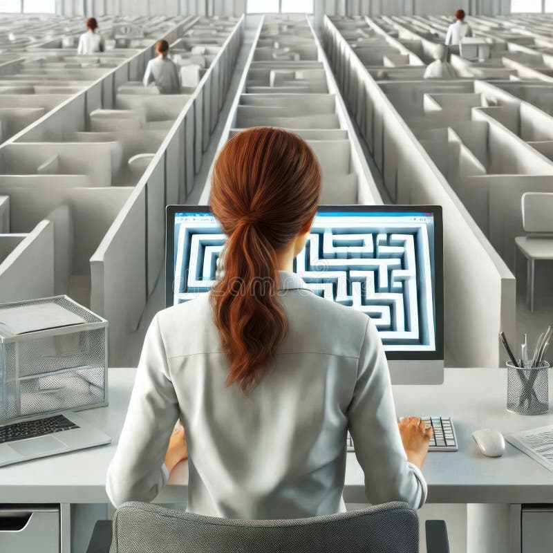 A Woman at a Computer with a Labyrinth on the Screen. Stock Photo ...