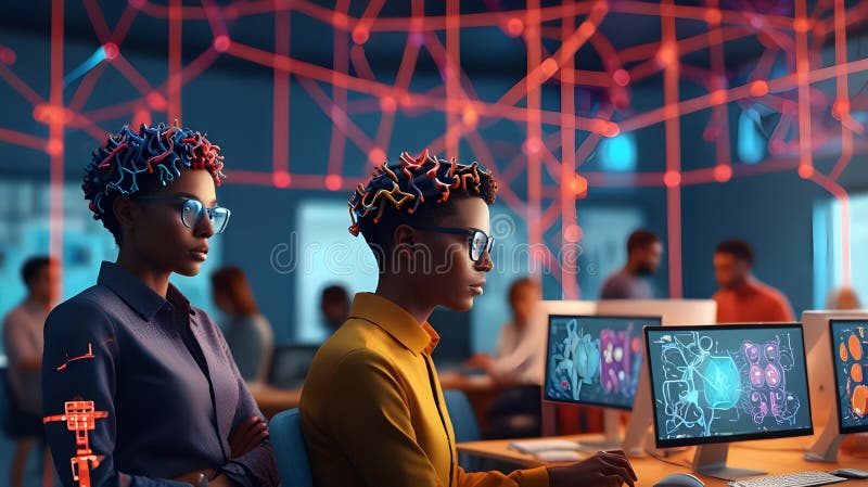 Woman at Computer Network Analysis Stock Illustration - Illustration of ...