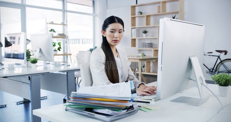 Woman, Computer and Overwhelmed in Office with Documents ...