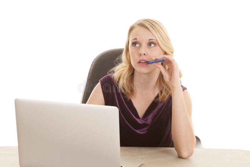 Woman Computer Purple Top Pen Mouth Stock Image - Image of beauty ...