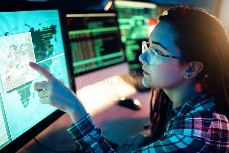 Woman Computer Screen And Hacker With Software Data Programming Or Cybersecurity Developer