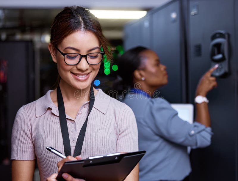 Woman, Computer and Server Room with Tablet for Security, Firewall and ...