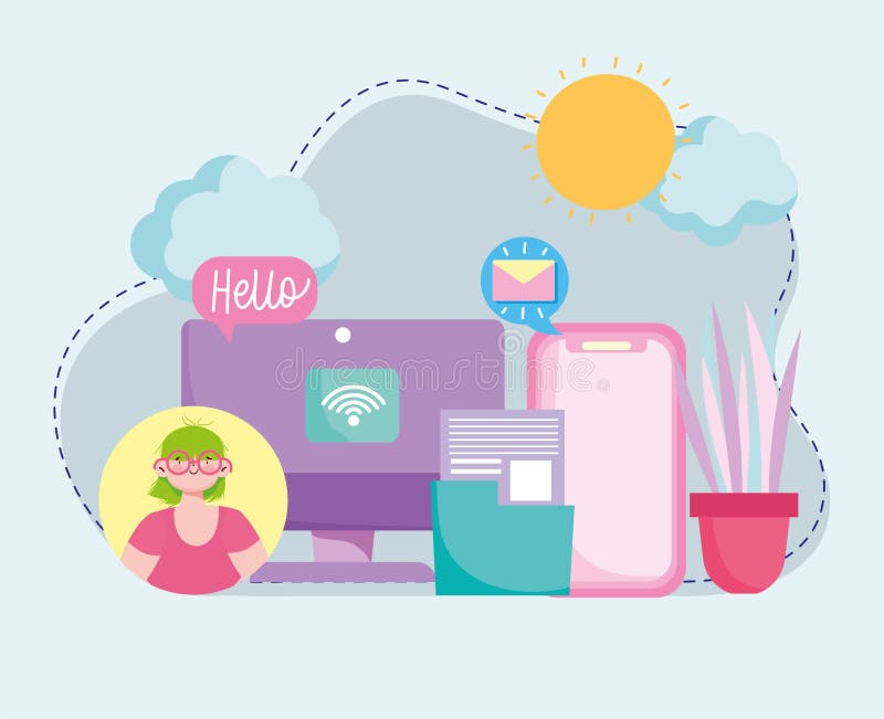 Woman computer smartphone stock vector. Illustration of social - 215749146