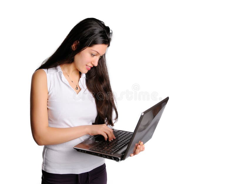 Woman on computer standing stock image. Image of female - 37674653