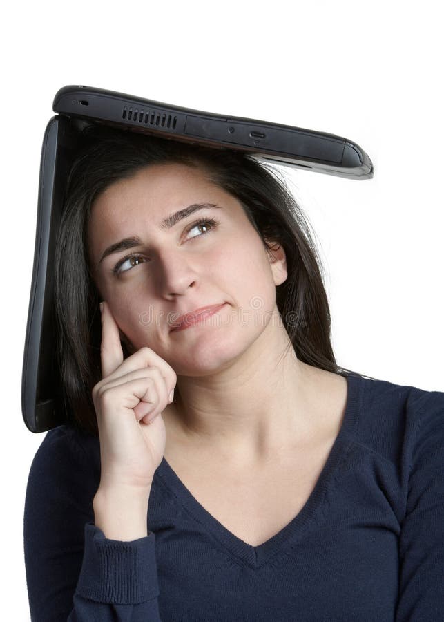 Woman with Computer Thinking Stock Photo - Image of beauty, bluetooth ...