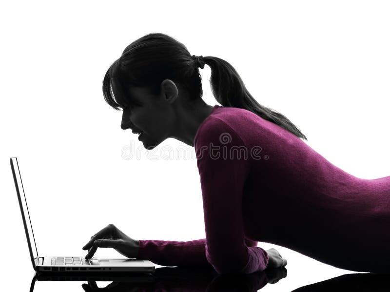 Silhouette of Woman Working Computer - Pointing Screen Stock Photo ...