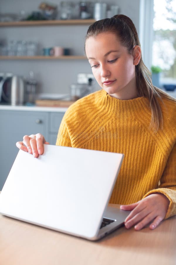 Woman Concerned about Excessive Use of Internet Closing Lid of Laptop ...