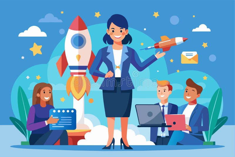 A Woman Confidently Presents a Business Launch while Her Team Engages ...