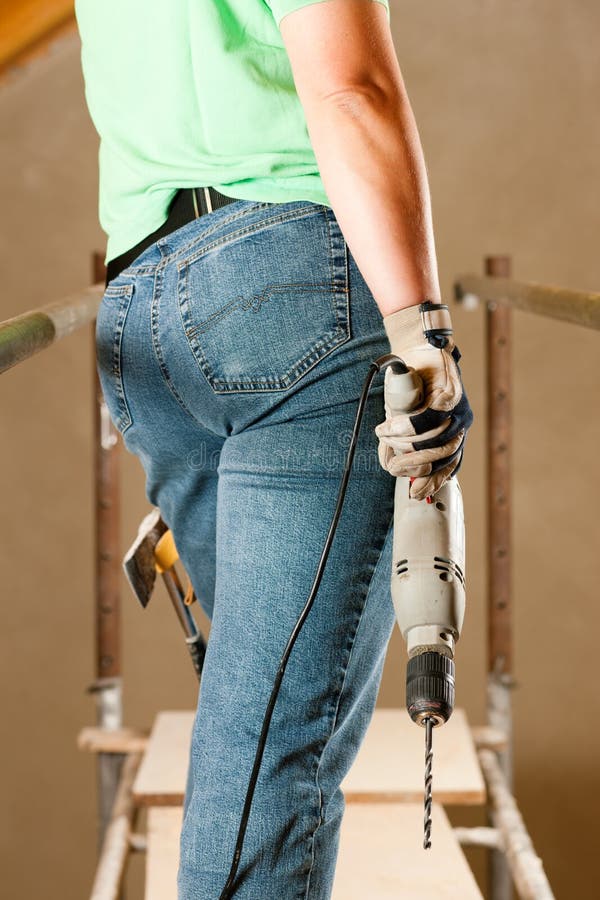 Woman Construction Worker with Hand Drill Stock Image - Image of ...