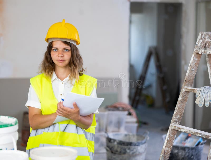 Woman Construction Worker with Project Documentation Stock Photo ...