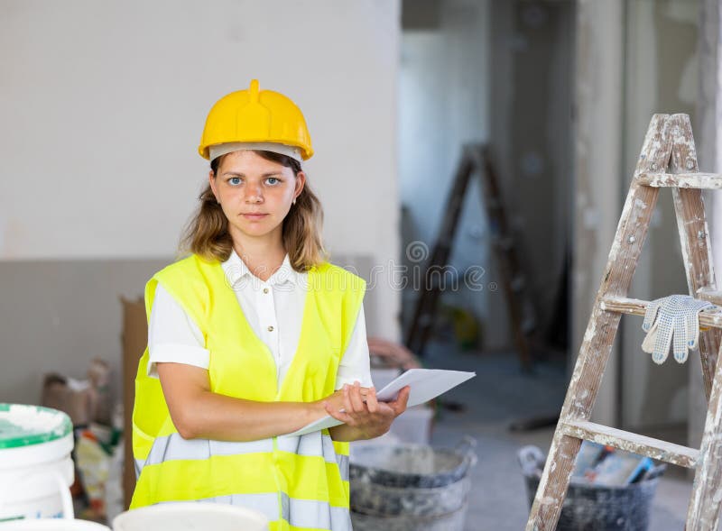 Woman Construction Worker with Project Documentation Stock Image ...
