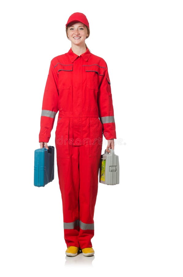 Woman Construction Worker in Red Coveralls Stock Image - Image of ...