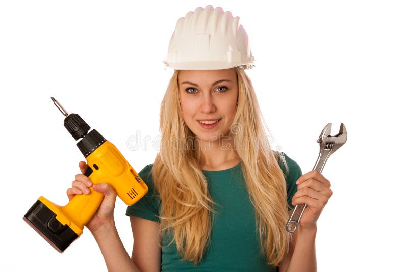 Woman with Constructor Helmet and Tools Happy To Do Tough Work. Stock ...