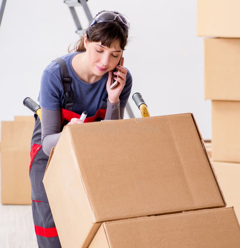 Woman Contractor Moving Boxes in Relocation Concept Stock Photo - Image ...