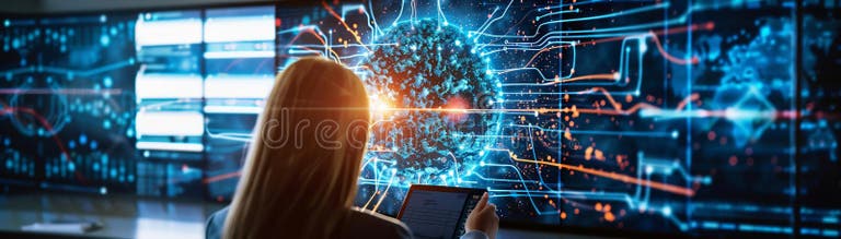 Woman in a Control Room Analyzing Digital Data with Multiple Computer ...