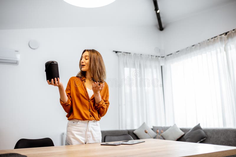 Woman Controlling Home Devices With A Voice Commands Stock Image Image Of House Person 174855169